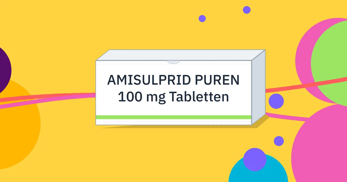 Symbolbild: Packung mit der Aufschrift AMISULPRID PUREN 100 mg Tabletten (PZN 13655470) – Verfügbarkeit und Bezug in Apotheken in Frankfurt am Main