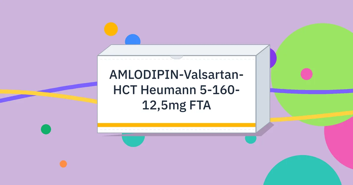 Symbolbild: Packung mit der Aufschrift AMLODIPIN-Valsartan-HCT Heumann 5-160-12,5mg FTA (PZN 14235592) – Verfügbarkeit und Bezug in Apotheken in Frankfurt am Main
