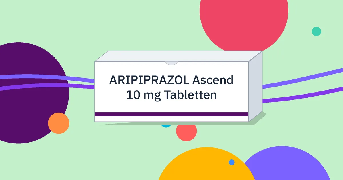 Symbolbild: Packung mit der Aufschrift ARIPIPRAZOL Ascend 10 mg Tabletten (PZN 18425361) – Verfügbarkeit und Bezug in Apotheken in Frankfurt am Main