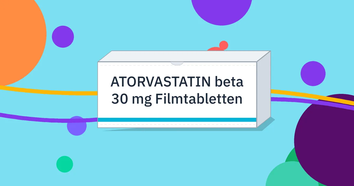Symbolbild: Packung mit der Aufschrift ATORVASTATIN beta 30 mg Filmtabletten (PZN 20348923) – Verfügbarkeit und Bezug in Apotheken in Frankfurt am Main