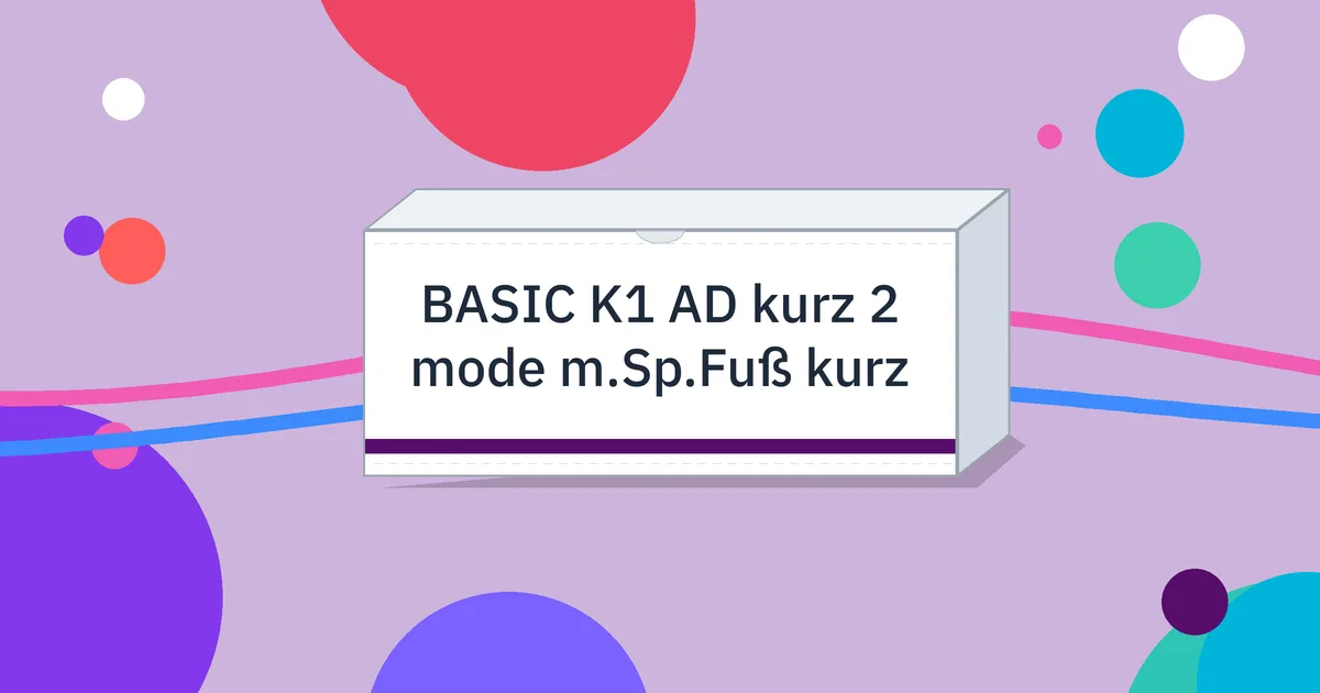 Symbolbild: Packung mit der Aufschrift BASIC K1 AD kurz 2 mode m.Sp.Fuß kurz (PZN 20257617) – Verfügbarkeit und Bezug in Apotheken in Frankfurt am Main
