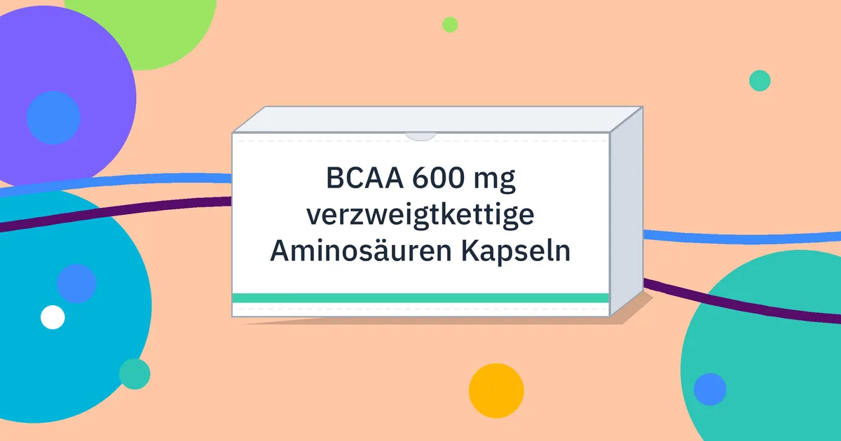 Symbolbild: Packung mit der Aufschrift BCAA 600 mg verzweigtkettige Aminosäuren Kapseln (PZN 15736818) – Verfügbarkeit und Bezug in Apotheken in Frankfurt am Main