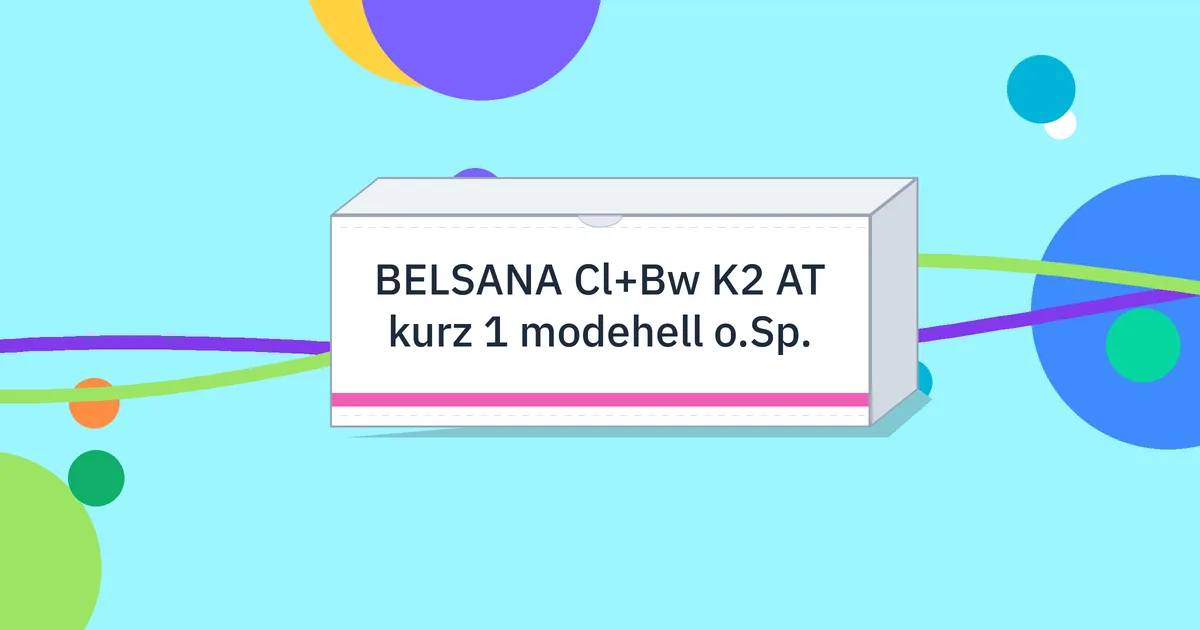 Symbolbild: Packung mit der Aufschrift BELSANA Cl+Bw K2 AT kurz 1 modehell o.Sp. (PZN 12249029) – Verfügbarkeit und Bezug in Apotheken in Frankfurt am Main