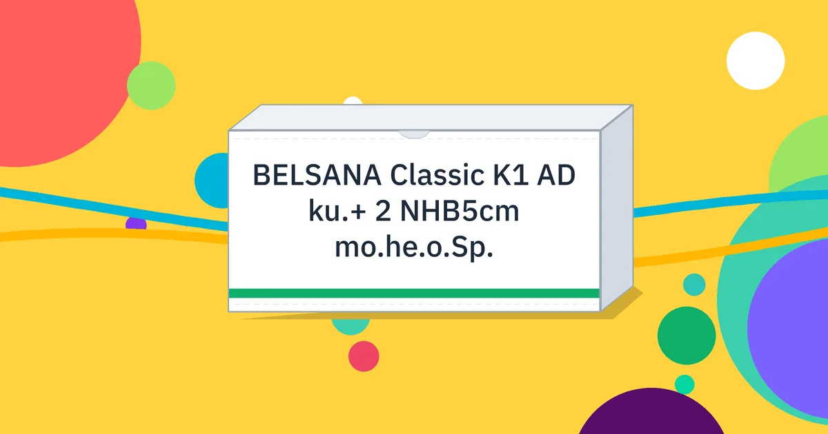 Symbolbild: Packung mit der Aufschrift BELSANA Classic K1 AD ku.+ 2 NHB5cm mo.he.o.Sp. (PZN 19254909) – Verfügbarkeit und Bezug in Apotheken in Frankfurt am Main