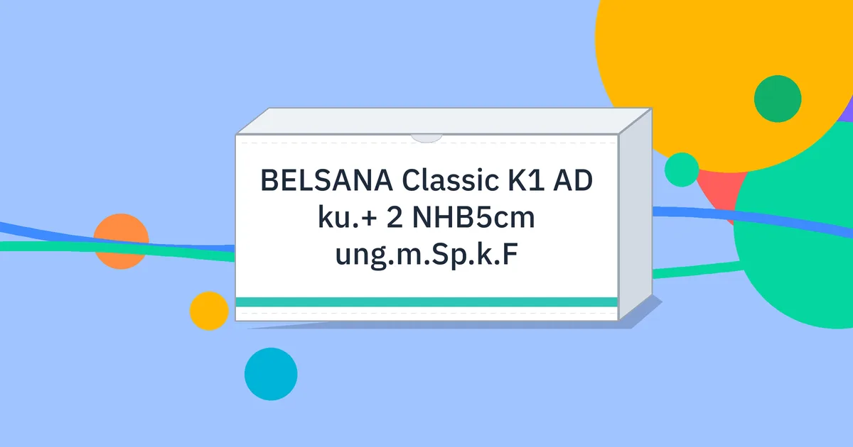 Symbolbild: Packung mit der Aufschrift BELSANA Classic K1 AD ku.+ 2 NHB5cm ung.m.Sp.k.F (PZN 19255211) – Verfügbarkeit und Bezug in Apotheken in Frankfurt am Main