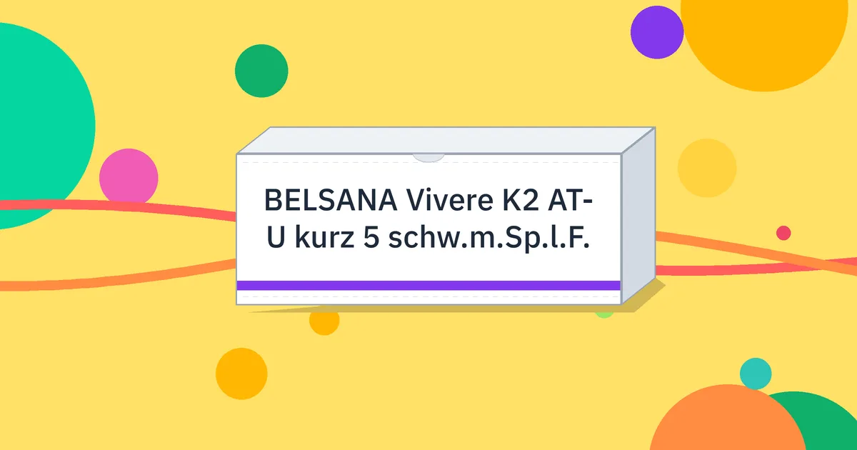 Symbolbild: Packung mit der Aufschrift BELSANA Vivere K2 AT-U kurz 5 schw.m.Sp.l.F. (PZN 08539448) – Verfügbarkeit und Bezug in Apotheken in Frankfurt am Main