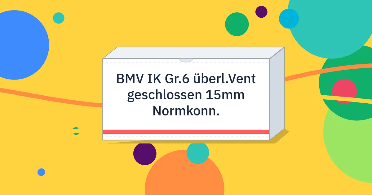 Symbolbild: Packung mit der Aufschrift BMV IK Gr.6 überl.Vent geschlossen 15mm Normkonn. (PZN 18381416) – Verfügbarkeit und Bezug in Apotheken in Frankfurt am Main