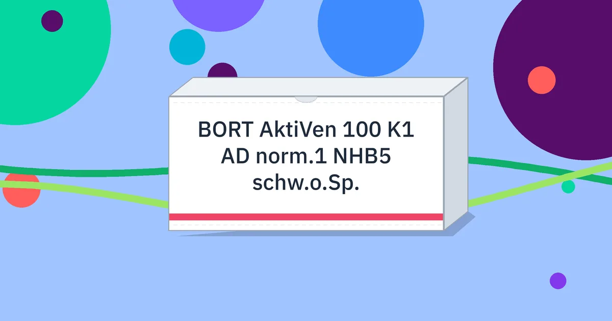 Symbolbild: Packung mit der Aufschrift BORT AktiVen 100 K1 AD norm.1 NHB5 schw.o.Sp. (PZN 17497186) – Verfügbarkeit und Bezug in Apotheken in Frankfurt am Main