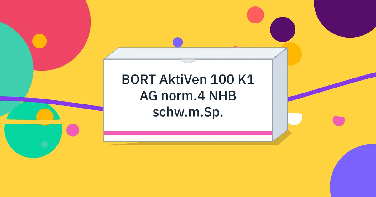 Symbolbild: Packung mit der Aufschrift BORT AktiVen 100 K1 AG norm.4 NHB schw.m.Sp. (PZN 14388249) – Verfügbarkeit und Bezug in Apotheken in Frankfurt am Main