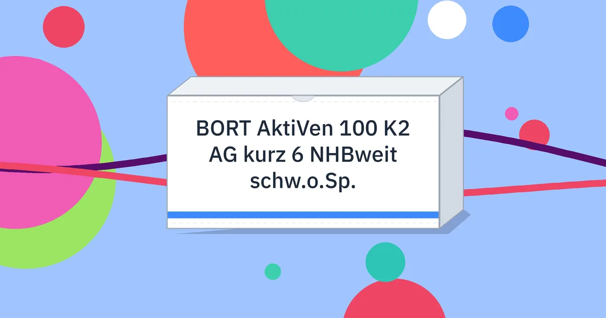 Symbolbild: Packung mit der Aufschrift BORT AktiVen 100 K2 AG kurz 6 NHBweit schw.o.Sp. (PZN 14387505) – Verfügbarkeit und Bezug in Apotheken in Frankfurt am Main