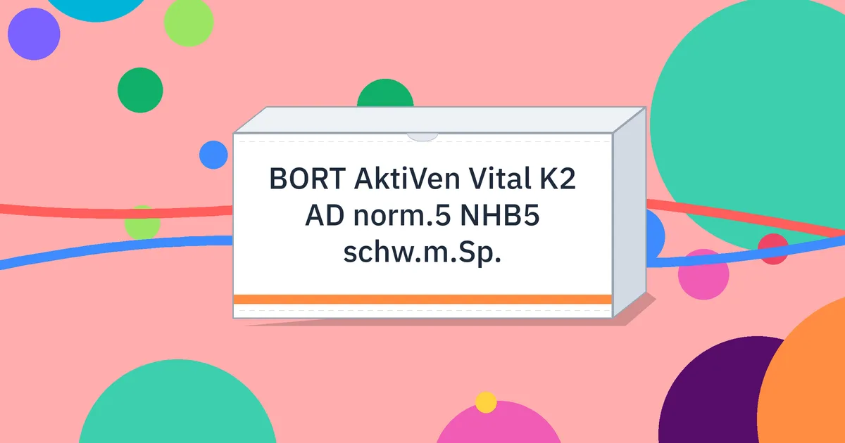 Symbolbild: Packung mit der Aufschrift BORT AktiVen Vital K2 AD norm.5 NHB5 schw.m.Sp. (PZN 17493308) – Verfügbarkeit und Bezug in Apotheken in Frankfurt am Main