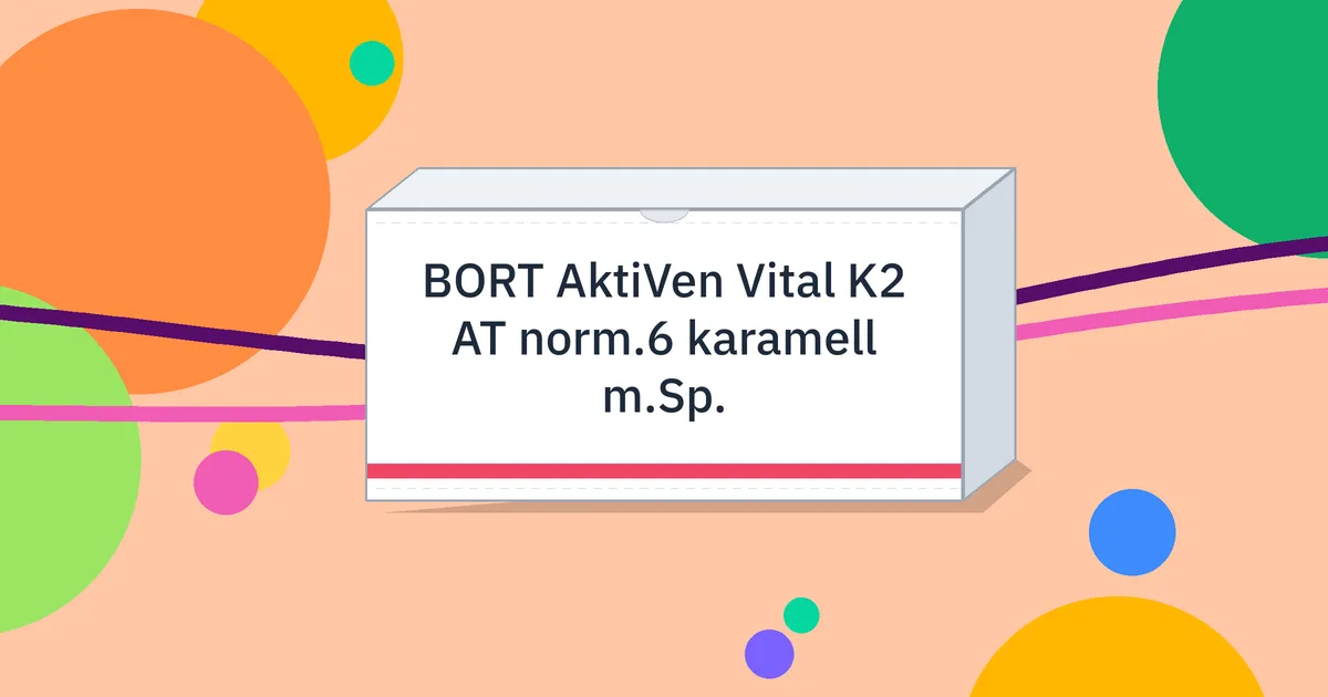Symbolbild: Packung mit der Aufschrift BORT AktiVen Vital K2 AT norm.6 karamell m.Sp. (PZN 13737802) – Verfügbarkeit und Bezug in Apotheken in Frankfurt am Main