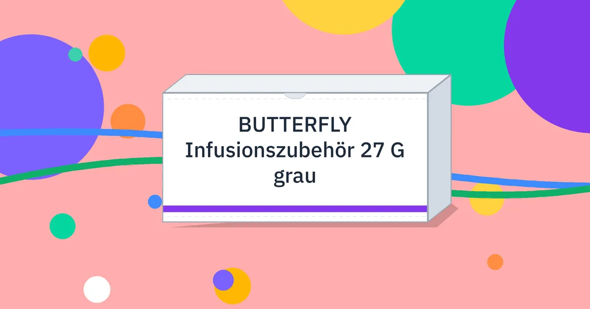 Symbolbild: Packung mit der Aufschrift BUTTERFLY Infusionszubehör 27 G grau (PZN 08482642) – Verfügbarkeit und Bezug in Apotheken in Frankfurt am Main