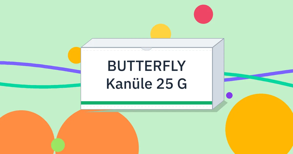 Symbolbild: Packung mit der Aufschrift BUTTERFLY Kanüle 25 G (PZN 00480543) – Verfügbarkeit und Bezug in Apotheken in Frankfurt am Main