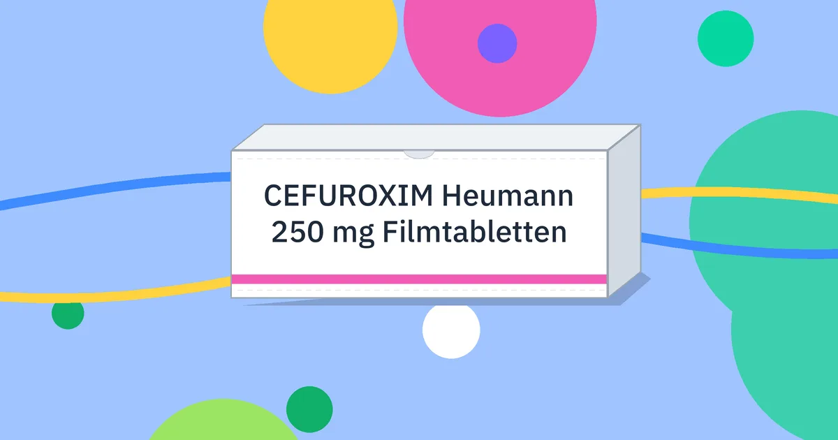 Symbolbild: Packung mit der Aufschrift CEFUROXIM Heumann 250 mg Filmtabletten (PZN 18470947) – Verfügbarkeit und Bezug in Apotheken in Frankfurt am Main