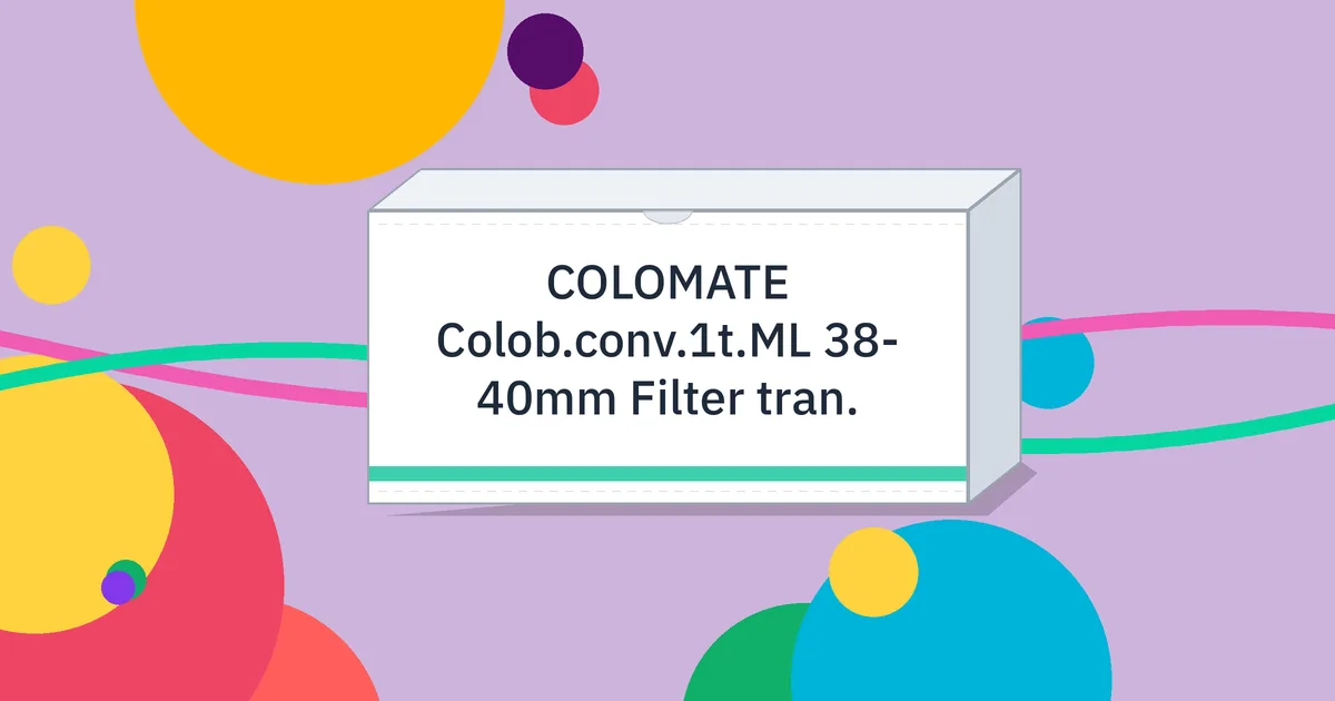 Symbolbild: Packung mit der Aufschrift COLOMATE Colob.conv.1t.ML 38-40mm Filter tran. (PZN 03374209) – Verfügbarkeit und Bezug in Apotheken in Frankfurt am Main