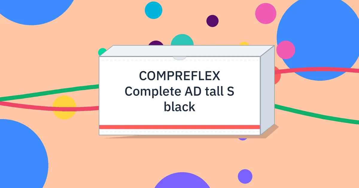 Symbolbild: Packung mit der Aufschrift COMPREFLEX Complete AD tall S black (PZN 19535264) – Verfügbarkeit und Bezug in Apotheken in Frankfurt am Main