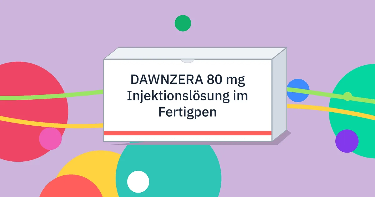 Symbolbild: Packung mit der Aufschrift DAWNZERA 80 mg Injektionslösung im Fertigpen (PZN 20279122) – Verfügbarkeit und Bezug in Apotheken in Frankfurt am Main