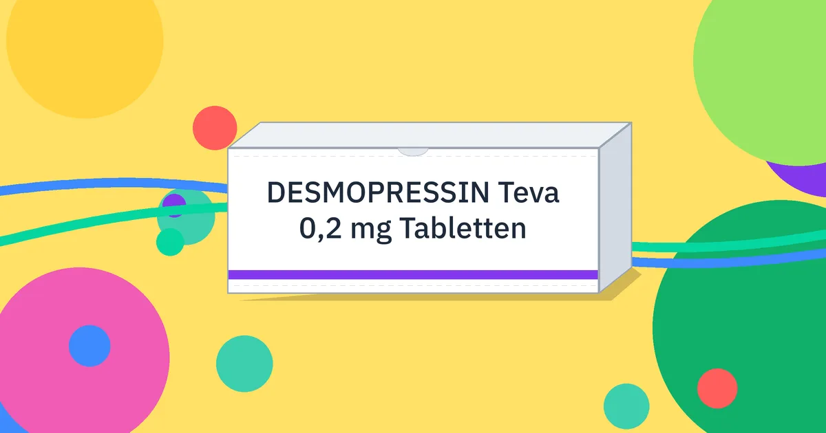 Symbolbild: Packung mit der Aufschrift DESMOPRESSIN Teva 0,2 mg Tabletten (PZN 01878986) – Verfügbarkeit und Bezug in Apotheken in Frankfurt am Main