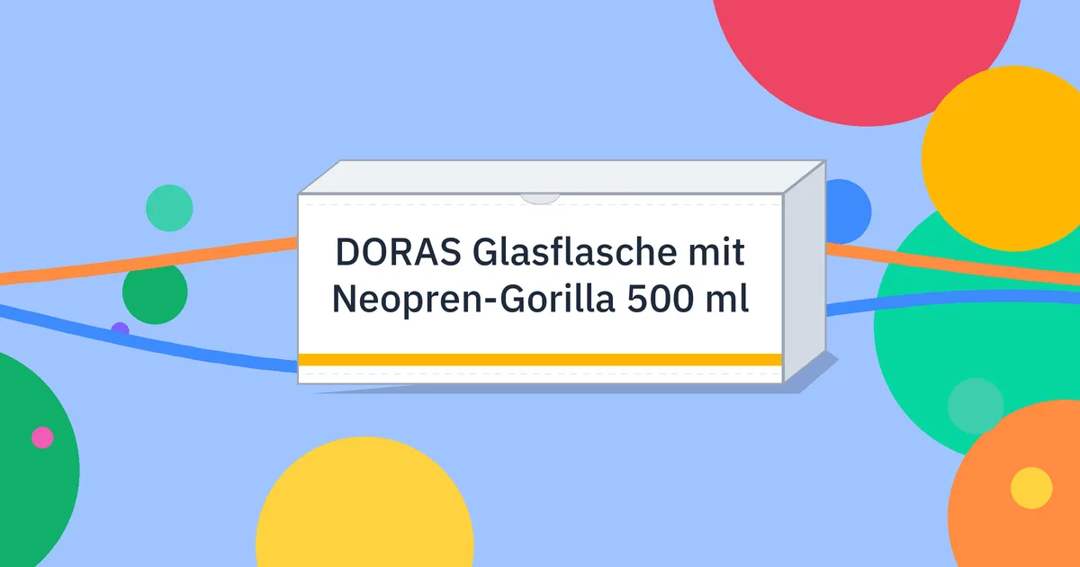 Symbolbild: Packung mit der Aufschrift DORAS Glasflasche mit Neopren-Gorilla 500 ml (PZN 14243195) – Verfügbarkeit und Bezug in Apotheken in Frankfurt am Main