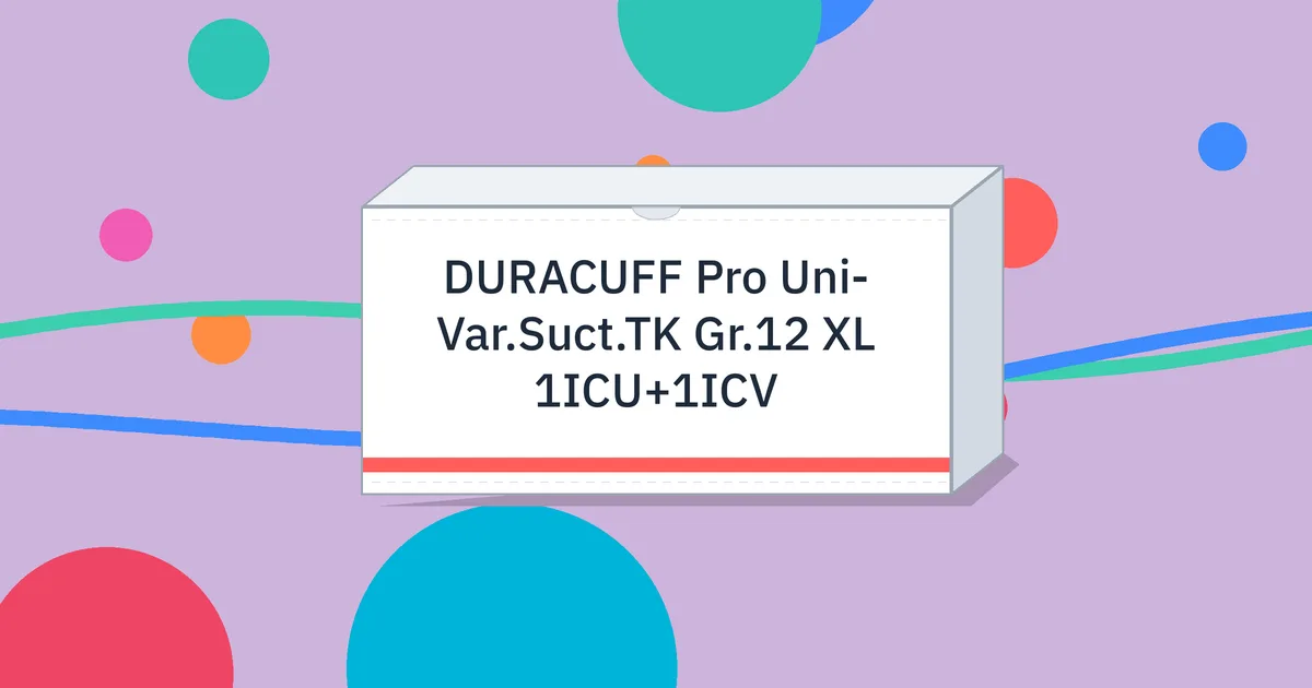 Symbolbild: Packung mit der Aufschrift DURACUFF Pro Uni-Var.Suct.TK Gr.12 XL 1ICU+1ICV (PZN 19245945) – Verfügbarkeit und Bezug in Apotheken in Frankfurt am Main