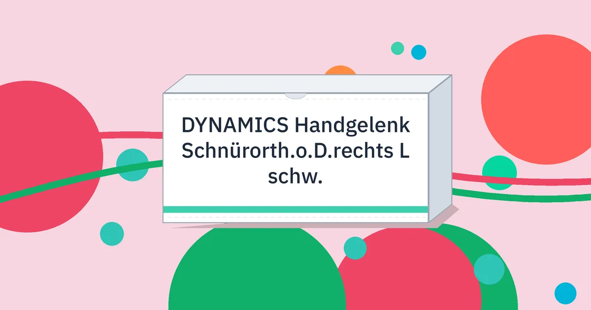 Symbolbild: Packung mit der Aufschrift DYNAMICS Handgelenk Schnürorth.o.D.rechts L schw. (PZN 10632936) – Verfügbarkeit und Bezug in Apotheken in Frankfurt am Main