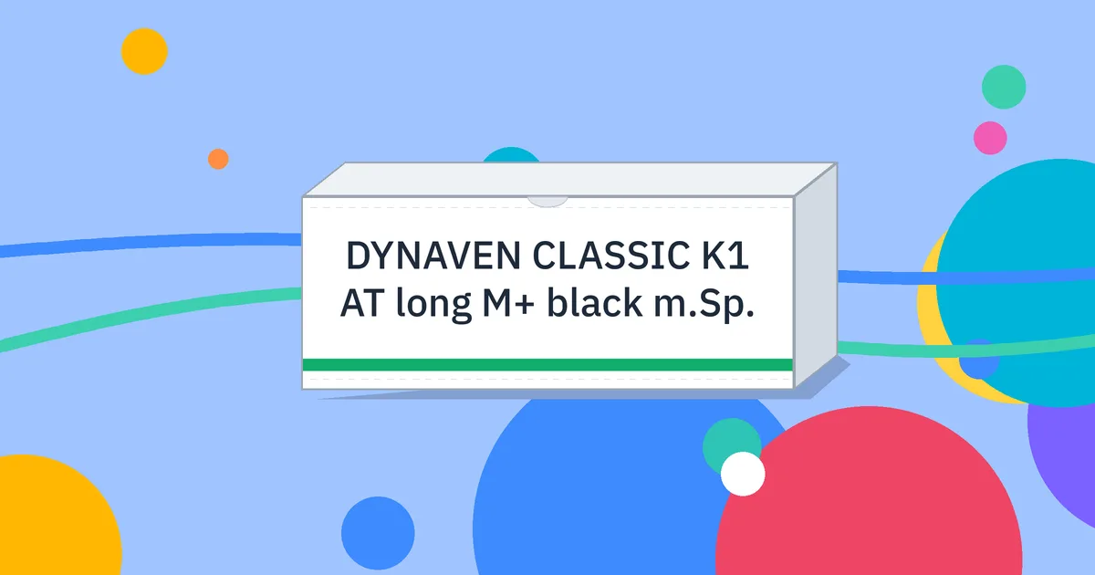 Symbolbild: Packung mit der Aufschrift DYNAVEN CLASSIC K1 AT long M+ black m.Sp. (PZN 18416310) – Verfügbarkeit und Bezug in Apotheken in Frankfurt am Main
