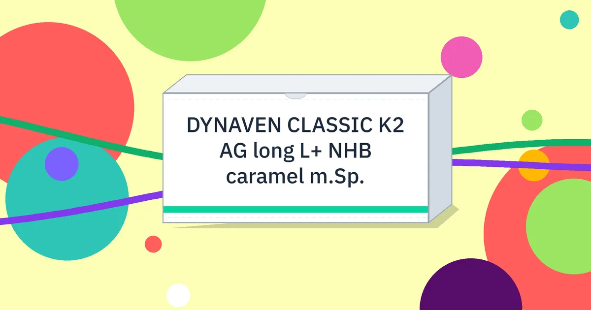 Symbolbild: Packung mit der Aufschrift DYNAVEN CLASSIC K2 AG long L+ NHB caramel m.Sp. (PZN 18418823) – Verfügbarkeit und Bezug in Apotheken in Frankfurt am Main
