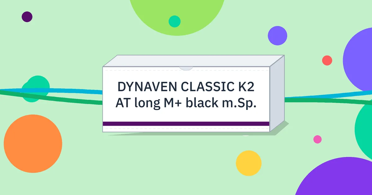 Symbolbild: Packung mit der Aufschrift DYNAVEN CLASSIC K2 AT long M+ black m.Sp. (PZN 18419231) – Verfügbarkeit und Bezug in Apotheken in Frankfurt am Main