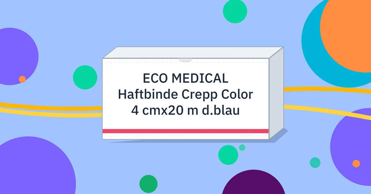 Symbolbild: Packung mit der Aufschrift ECO MEDICAL Haftbinde Crepp Color 4 cmx20 m d.blau (PZN 00734245) – Verfügbarkeit und Bezug in Apotheken in Frankfurt am Main