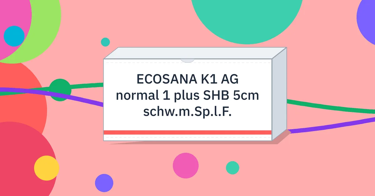 Symbolbild: Packung mit der Aufschrift ECOSANA K1 AG normal 1 plus SHB 5cm schw.m.Sp.l.F. (PZN 04725757) – Verfügbarkeit und Bezug in Apotheken in Frankfurt am Main