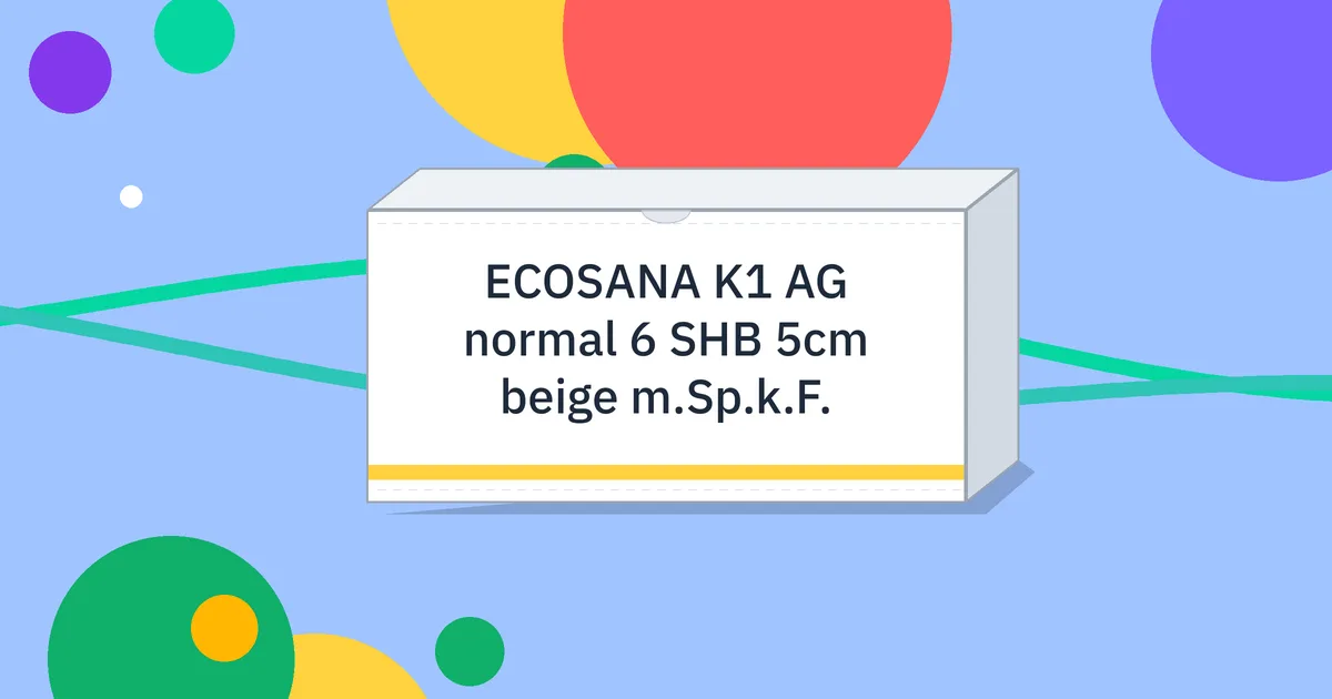 Symbolbild: Packung mit der Aufschrift ECOSANA K1 AG normal 6 SHB 5cm beige m.Sp.k.F. (PZN 04729821) – Verfügbarkeit und Bezug in Apotheken in Frankfurt am Main