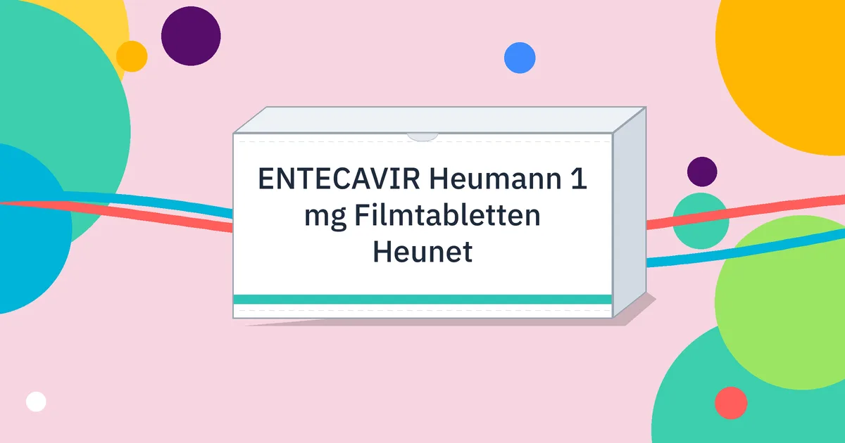 Symbolbild: Packung mit der Aufschrift ENTECAVIR Heumann 1 mg Filmtabletten Heunet (PZN 18093108) – Verfügbarkeit und Bezug in Apotheken in Frankfurt am Main