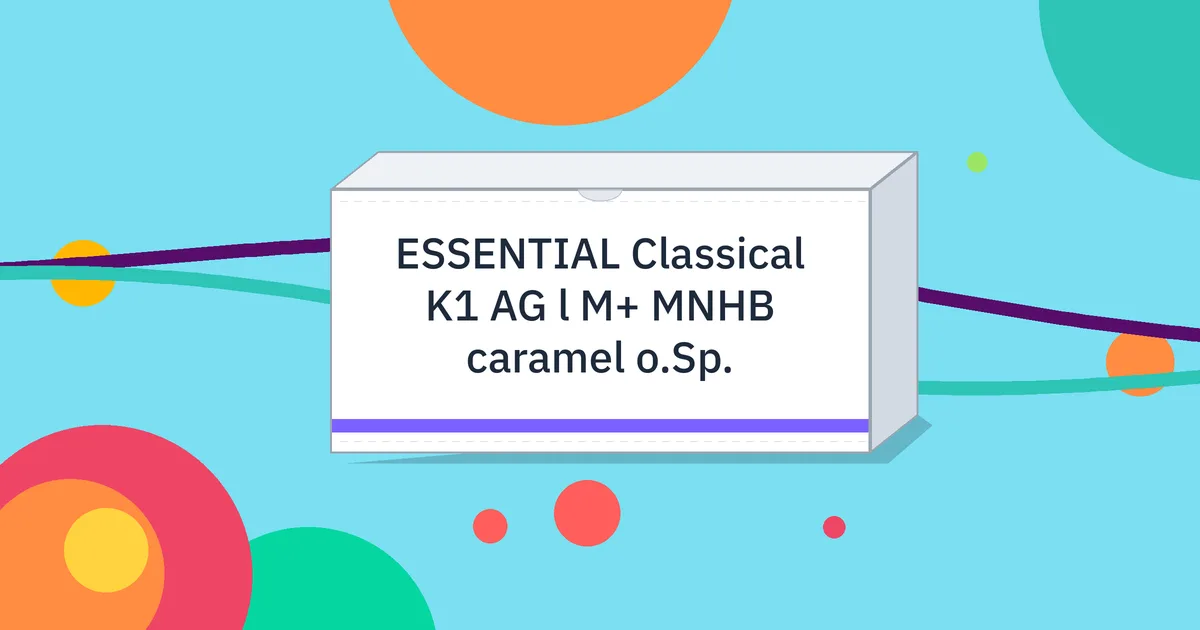 Symbolbild: Packung mit der Aufschrift ESSENTIAL Classical K1 AG l M+ MNHB caramel o.Sp. (PZN 19321422) – Verfügbarkeit und Bezug in Apotheken in Frankfurt am Main