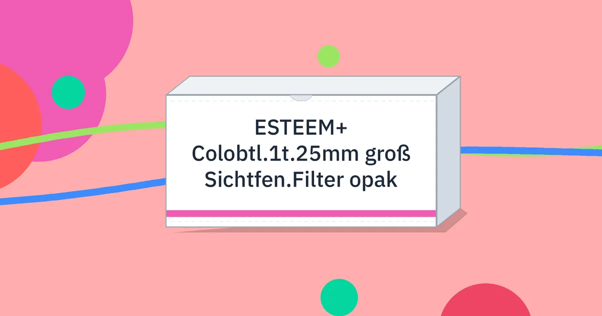 Symbolbild: Packung mit der Aufschrift ESTEEM+ Colobtl.1t.25mm groß Sichtfen.Filter opak (PZN 13233125) – Verfügbarkeit und Bezug in Apotheken in Frankfurt am Main