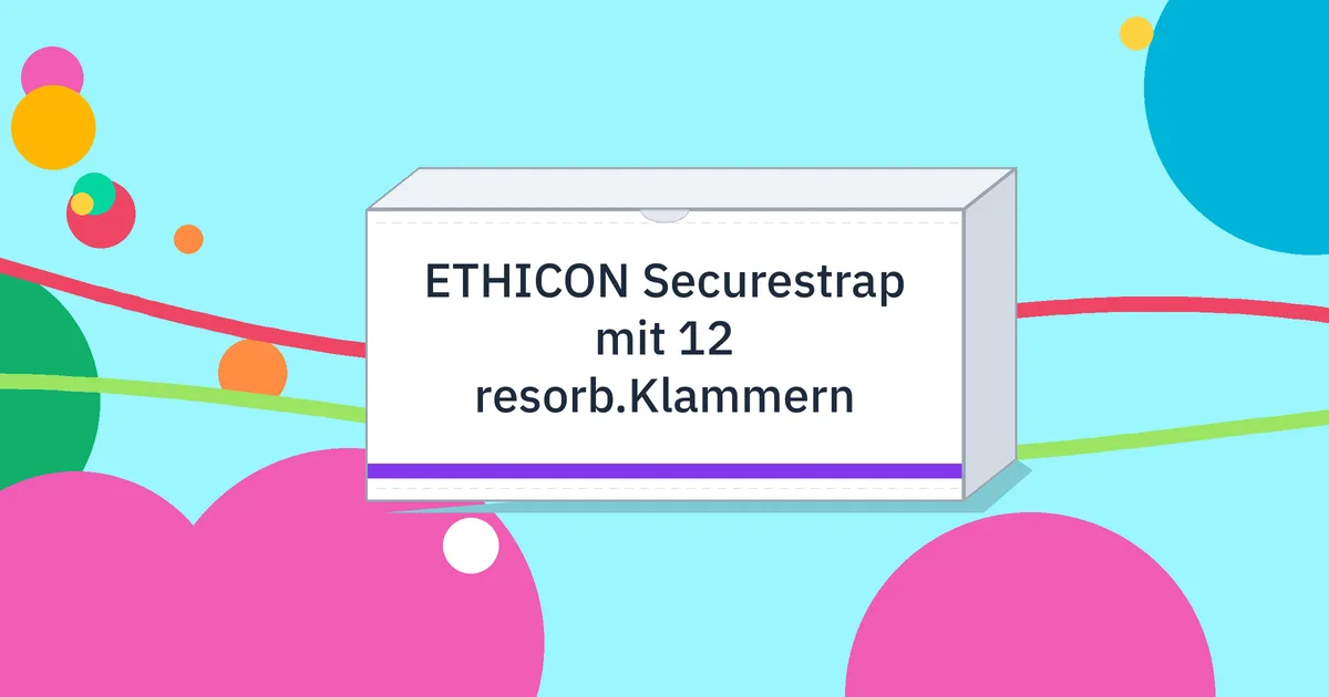 Symbolbild: Packung mit der Aufschrift ETHICON Securestrap mit 12 resorb.Klammern (PZN 10000308) – Verfügbarkeit und Bezug in Apotheken in Frankfurt am Main
