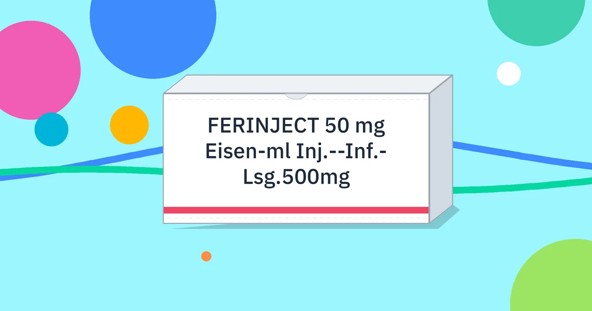 Symbolbild: Packung mit der Aufschrift FERINJECT 50 mg Eisen-ml Inj.--Inf.-Lsg.500mg (PZN 00697389) – Verfügbarkeit und Bezug in Apotheken in Frankfurt am Main