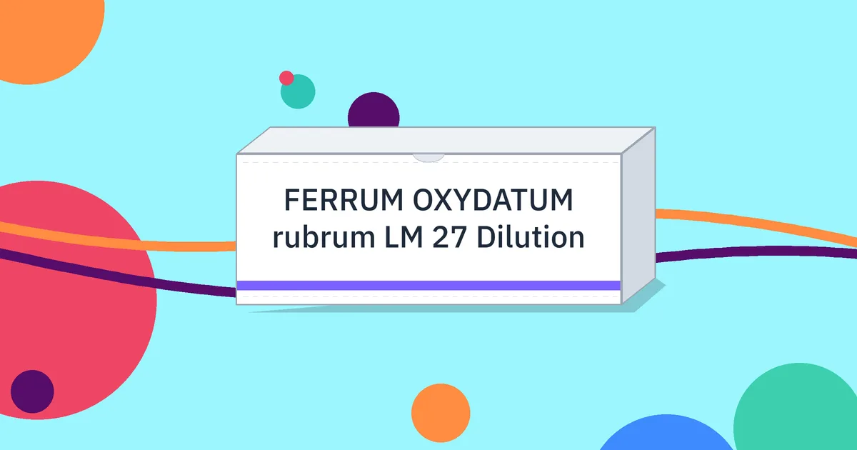 Symbolbild: Packung mit der Aufschrift FERRUM OXYDATUM rubrum LM 27 Dilution (PZN 12851855) – Verfügbarkeit und Bezug in Apotheken in Frankfurt am Main