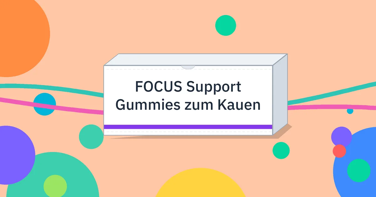 Symbolbild: Packung mit der Aufschrift FOCUS Support Gummies zum Kauen (PZN 20155621) – Verfügbarkeit und Bezug in Apotheken in Frankfurt am Main