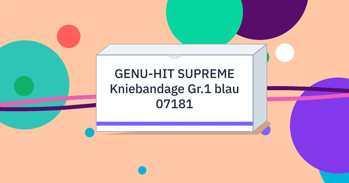 Symbolbild: Packung mit der Aufschrift GENU-HIT SUPREME Kniebandage Gr.1 blau 07181 (PZN 16931321) – Verfügbarkeit und Bezug in Apotheken in Frankfurt am Main