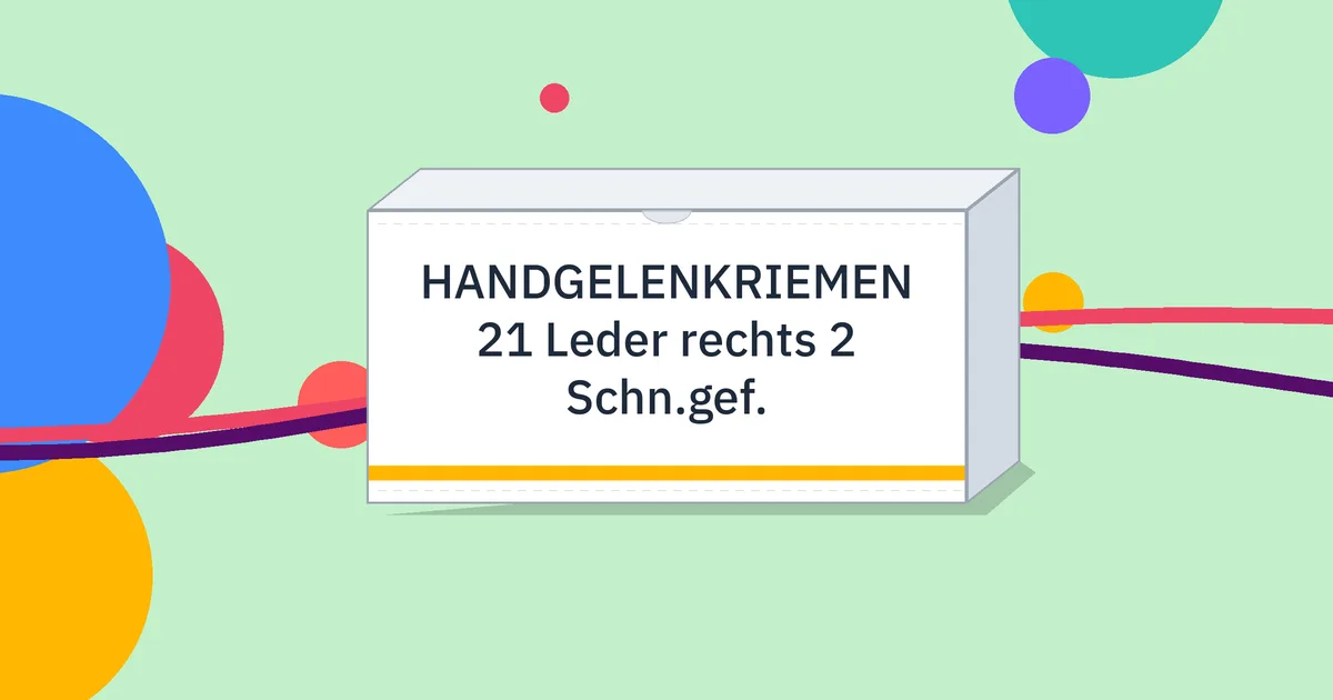 Symbolbild: Packung mit der Aufschrift HANDGELENKRIEMEN 21 Leder rechts 2 Schn.gef. (PZN 03230309) – Verfügbarkeit und Bezug in Apotheken in Frankfurt am Main