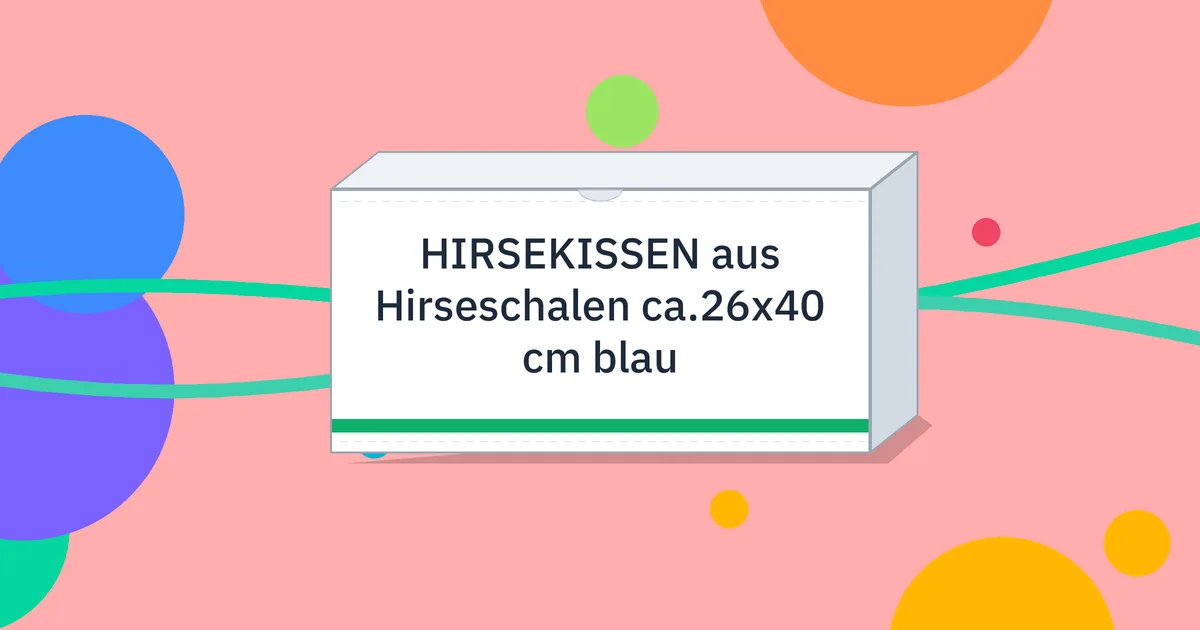 Symbolbild: Packung mit der Aufschrift HIRSEKISSEN aus Hirseschalen ca.26x40 cm blau (PZN 16619345) – Verfügbarkeit und Bezug in Apotheken in Frankfurt am Main