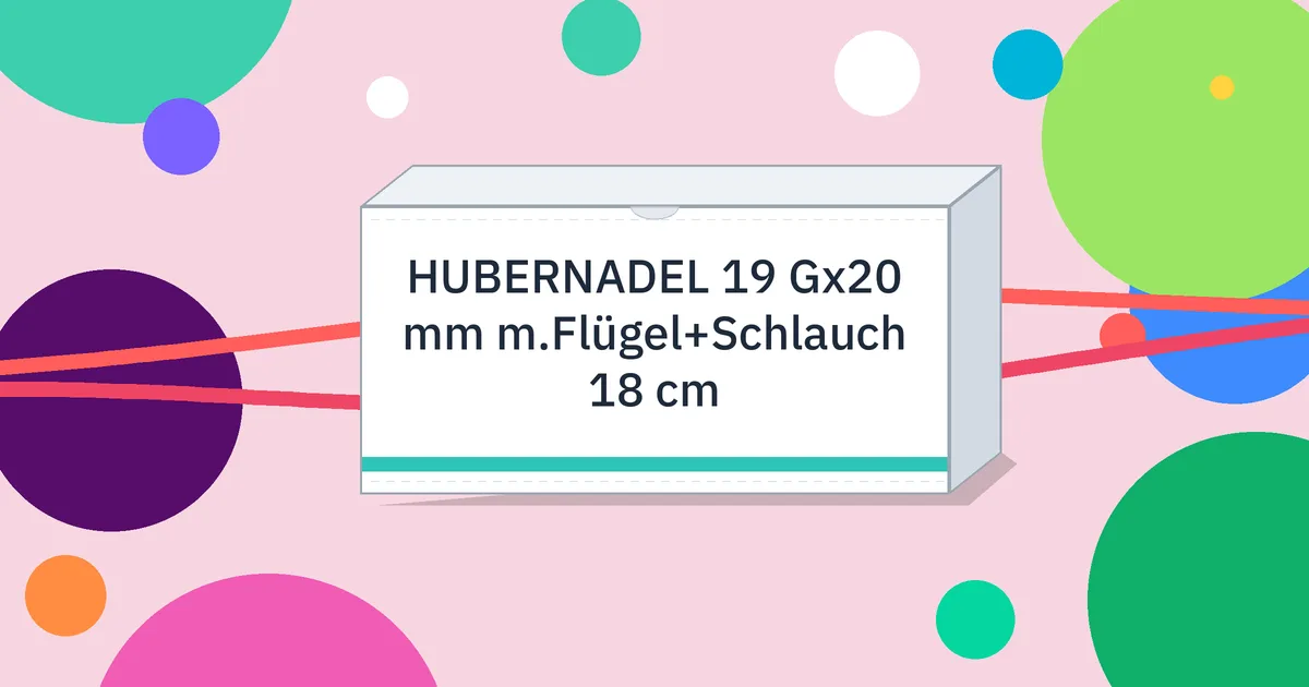 Symbolbild: Packung mit der Aufschrift HUBERNADEL 19 Gx20 mm m.Flügel+Schlauch 18 cm (PZN 02350170) – Verfügbarkeit und Bezug in Apotheken in Frankfurt am Main