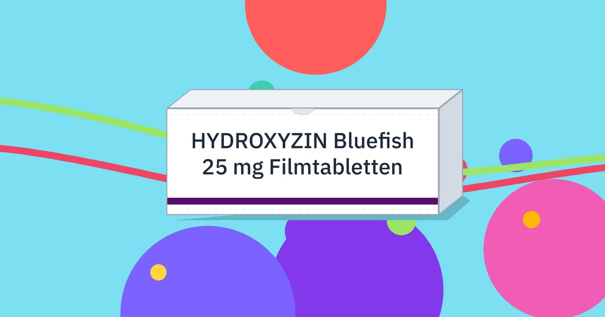 Symbolbild: Packung mit der Aufschrift HYDROXYZIN Bluefish 25 mg Filmtabletten (PZN 12344242) – Verfügbarkeit und Bezug in Apotheken in Frankfurt am Main