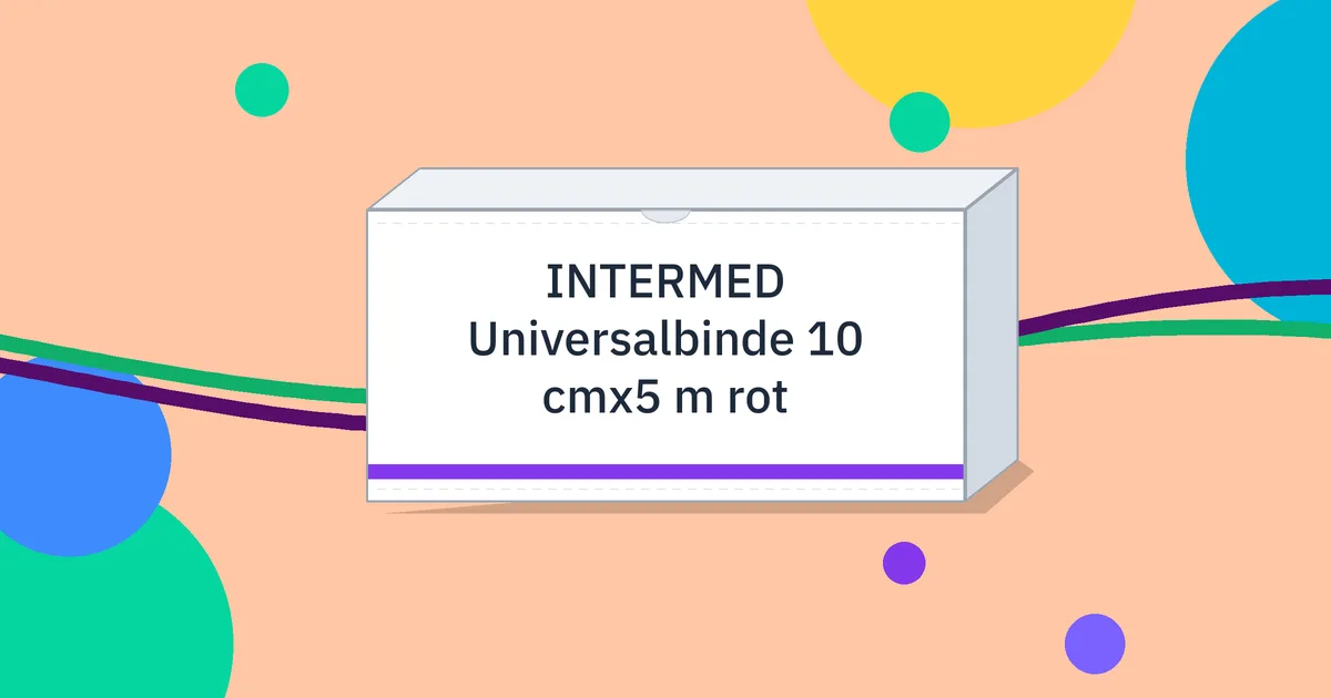 Symbolbild: Packung mit der Aufschrift INTERMED Universalbinde 10 cmx5 m rot (PZN 02571652) – Verfügbarkeit und Bezug in Apotheken in Frankfurt am Main
