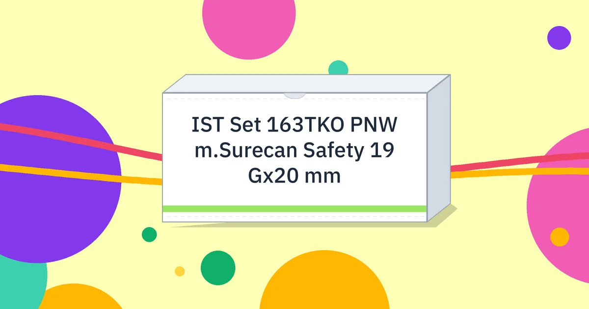 Symbolbild: Packung mit der Aufschrift IST Set 163TKO PNW m.Surecan Safety 19 Gx20 mm (PZN 13332873) – Verfügbarkeit und Bezug in Apotheken in Frankfurt am Main