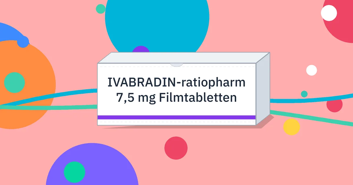 Symbolbild: Packung mit der Aufschrift IVABRADIN-ratiopharm 7,5 mg Filmtabletten (PZN 13586958) – Verfügbarkeit und Bezug in Apotheken in Frankfurt am Main