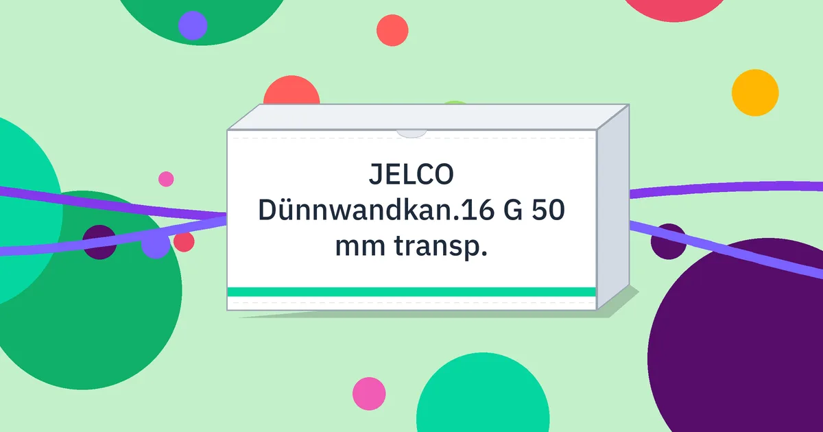 Symbolbild: Packung mit der Aufschrift JELCO Dünnwandkan.16 G 50 mm transp. (PZN 09106303) – Verfügbarkeit und Bezug in Apotheken in Frankfurt am Main