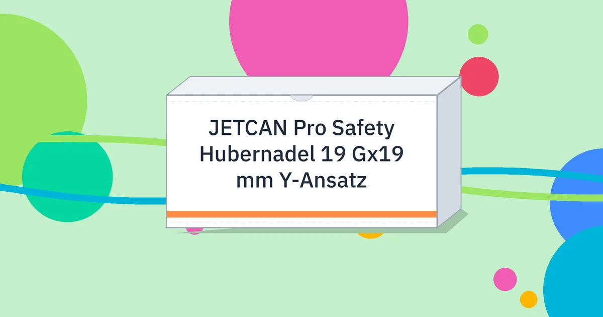 Symbolbild: Packung mit der Aufschrift JETCAN Pro Safety Hubernadel 19 Gx19 mm Y-Ansatz (PZN 19420992) – Verfügbarkeit und Bezug in Apotheken in Frankfurt am Main