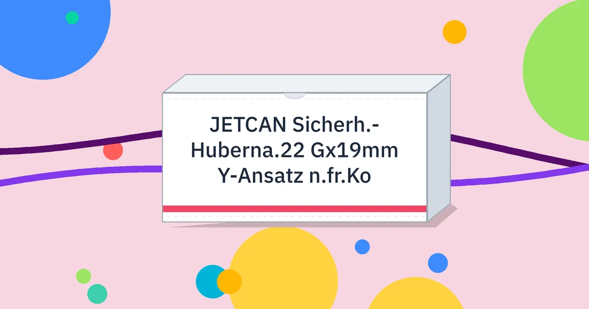Symbolbild: Packung mit der Aufschrift JETCAN Sicherh.-Huberna.22 Gx19mm Y-Ansatz n.fr.Ko (PZN 20836077) – Verfügbarkeit und Bezug in Apotheken in Frankfurt am Main